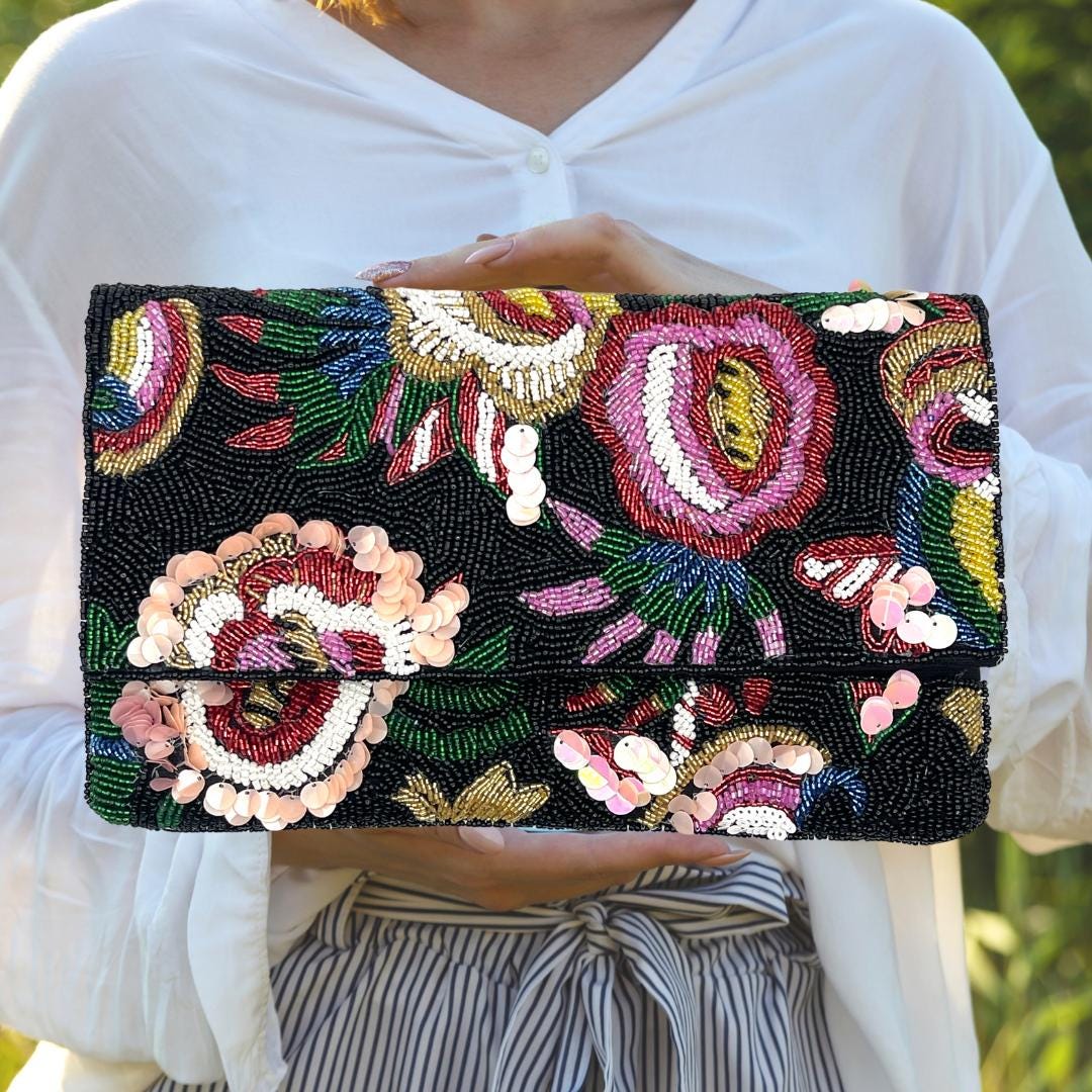 Floral Beaded Clutch Purse Sequin, Crossbody Beaded Bag - Etsy