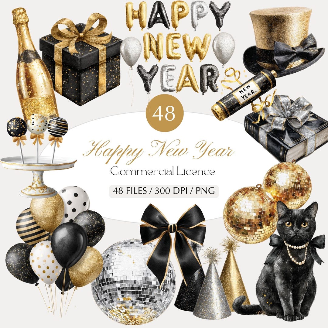 Luxury New Year Clipart Bundle – 48 PNG | Black, Gold & Silver | 300 ...