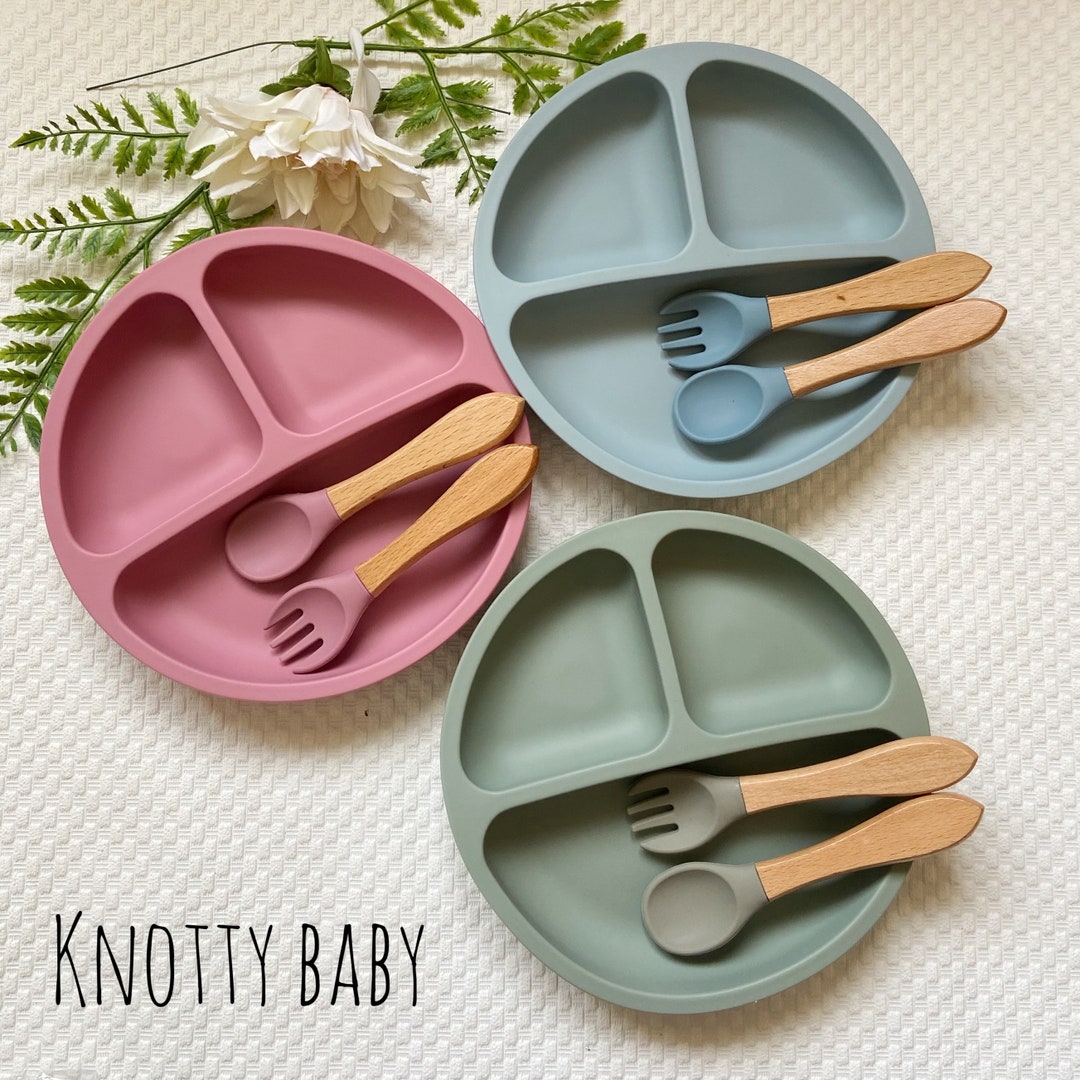 Silicone Baby Plate and Engraved Cutlery Set, Baby Weaning ...
