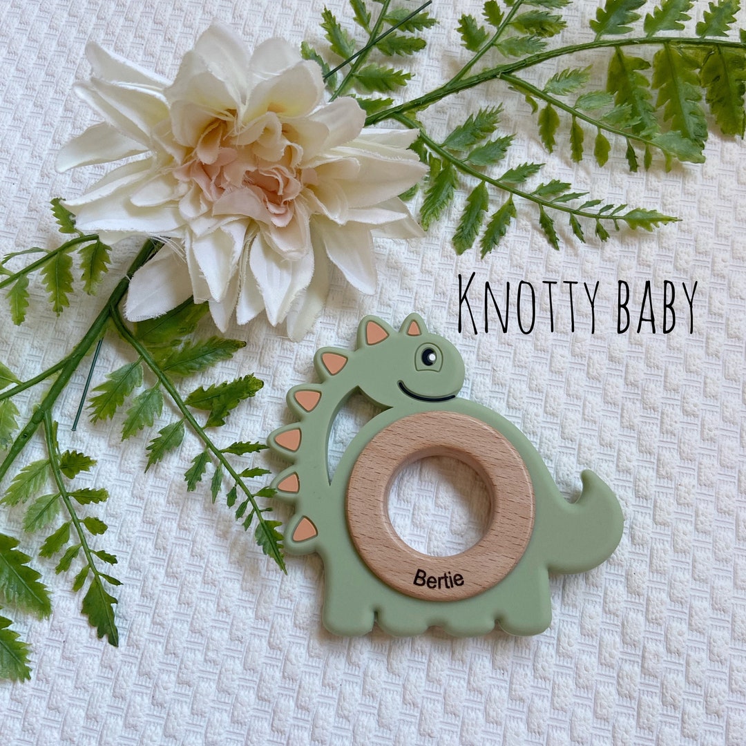 Personalised Wooden and Silicone Dinosaur Teether, Baby Gift, Baby Toy ...