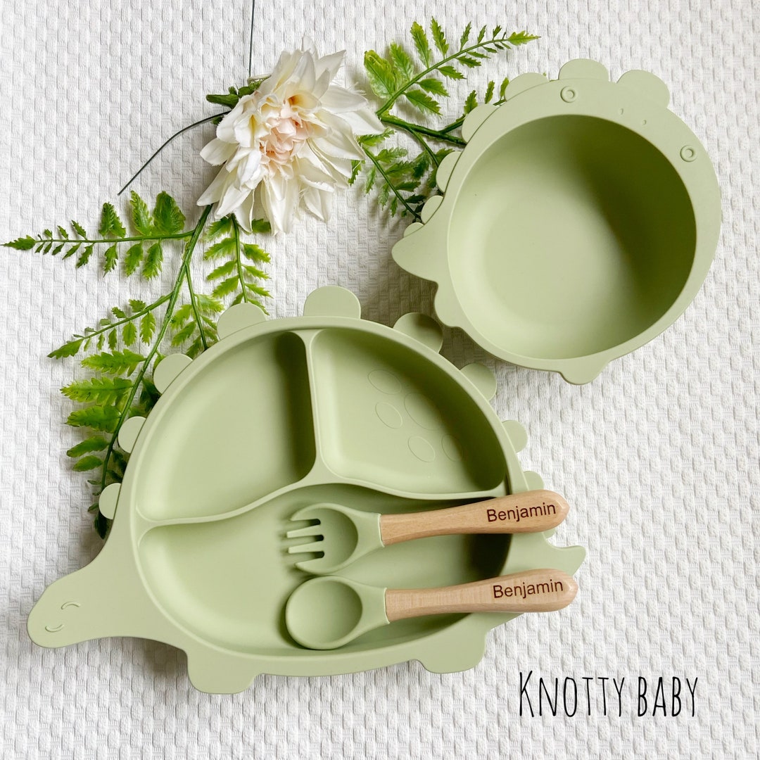 Silicone Dinosaur Baby Plate & Bowl and Engraved Cutlery Set, Baby ...