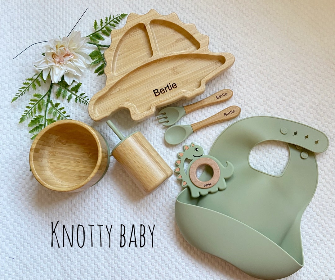 Personalised Laser Engraved Bamboo Dinosaur Baby Feeding Gift Set ...