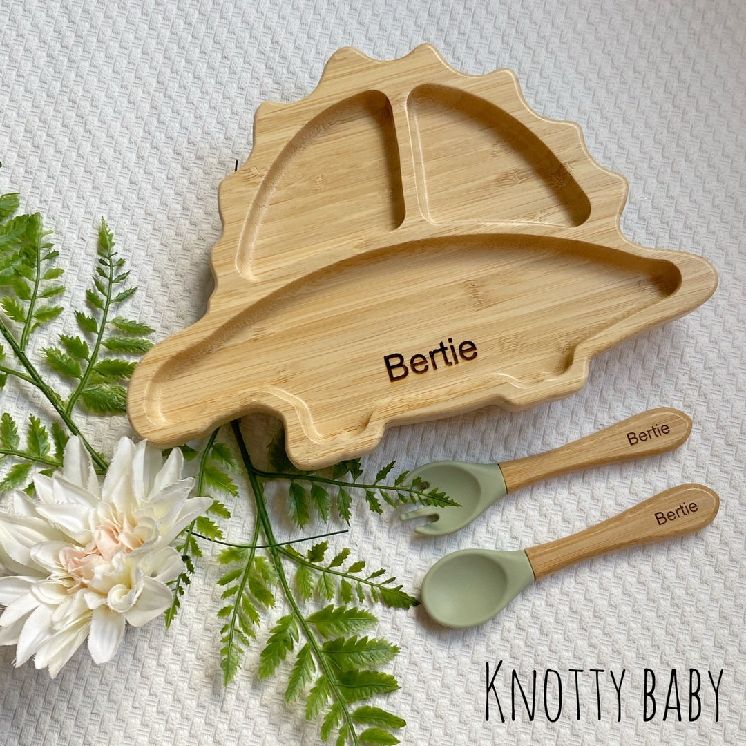 Personalised Laser Engraved Bamboo Dinosaur Baby Feeding Plate Set With ...