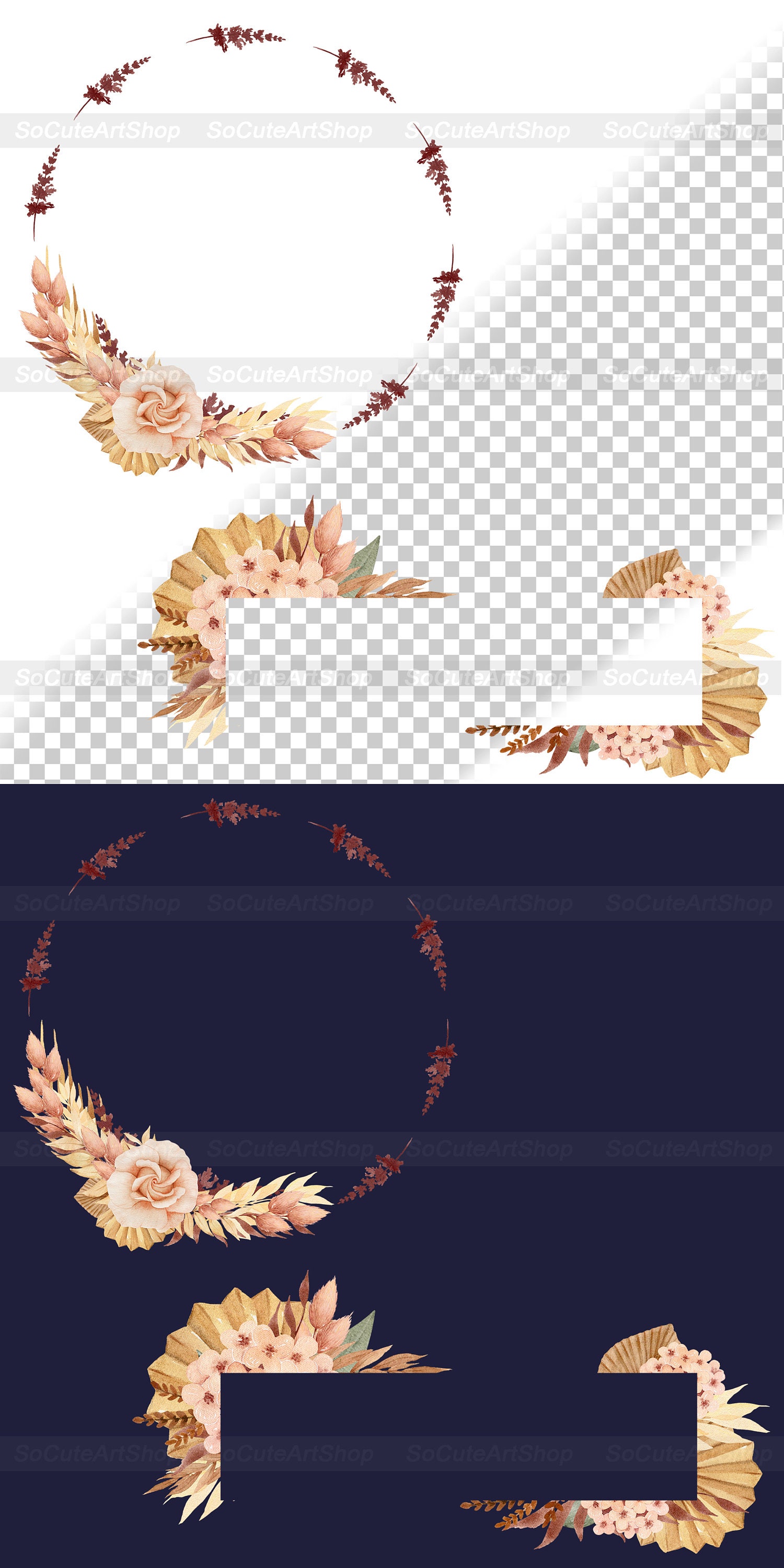 Watercolor Boho Frames Png Clipart Floral Frame Clipart - Etsy