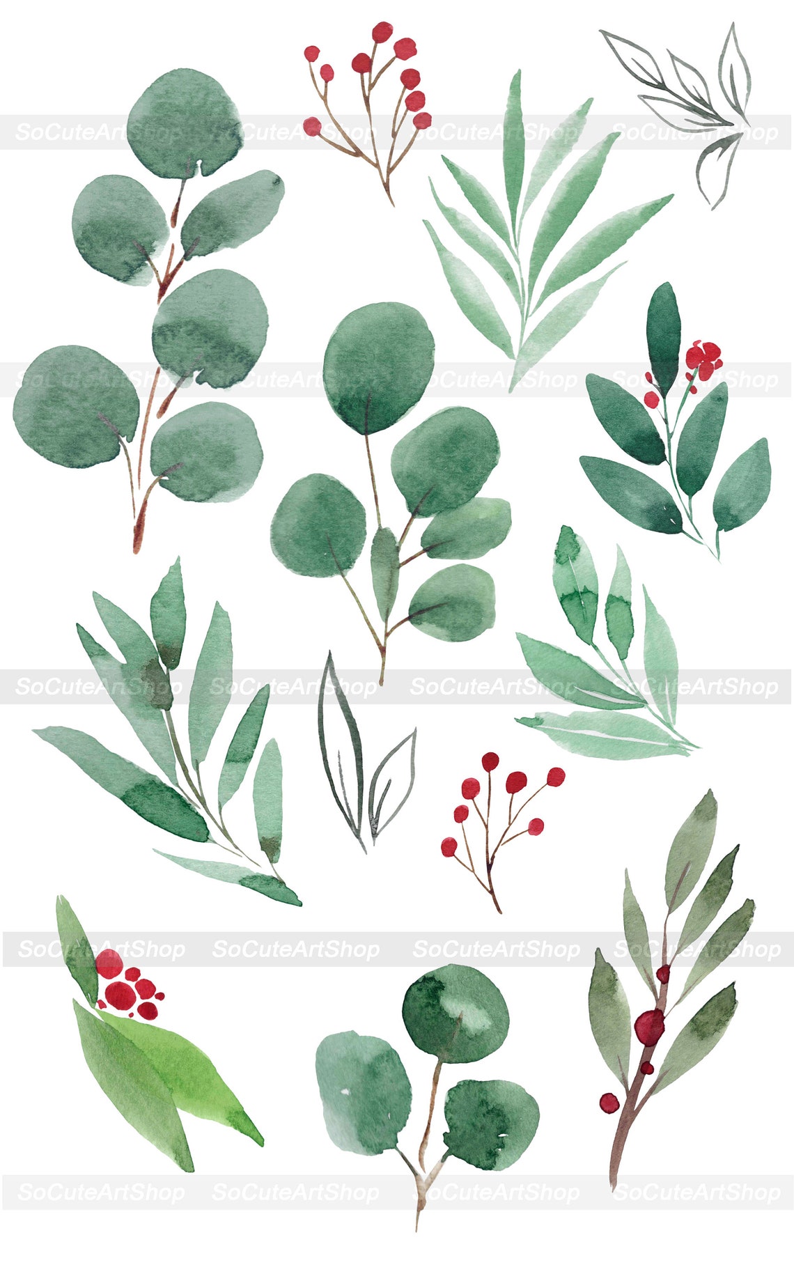 Christmas Watercolor Clipart . Winter Greenery Png. Christmas | Etsy