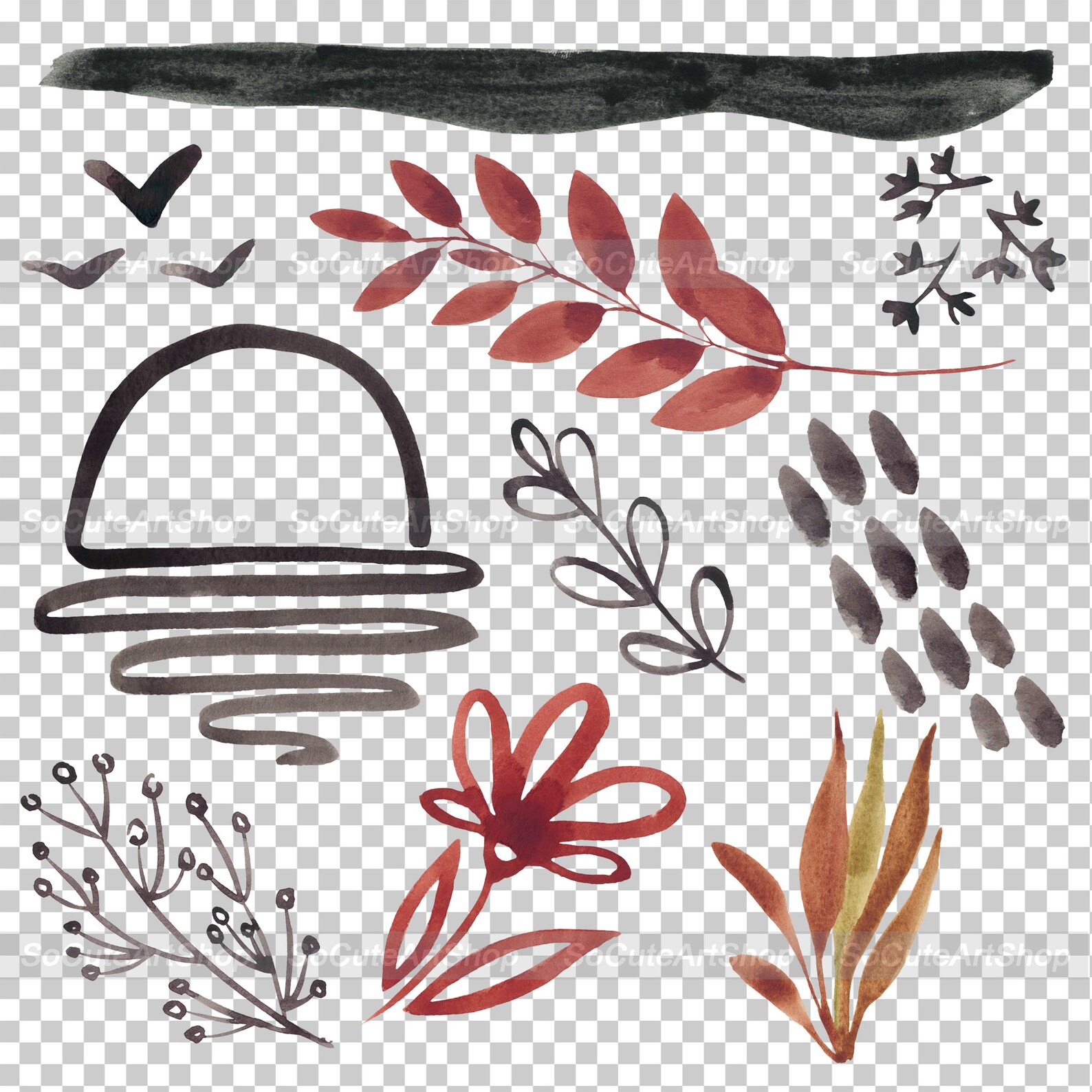 Watercolor Botanical Abstract Boho Clipart. Watercolor - Etsy