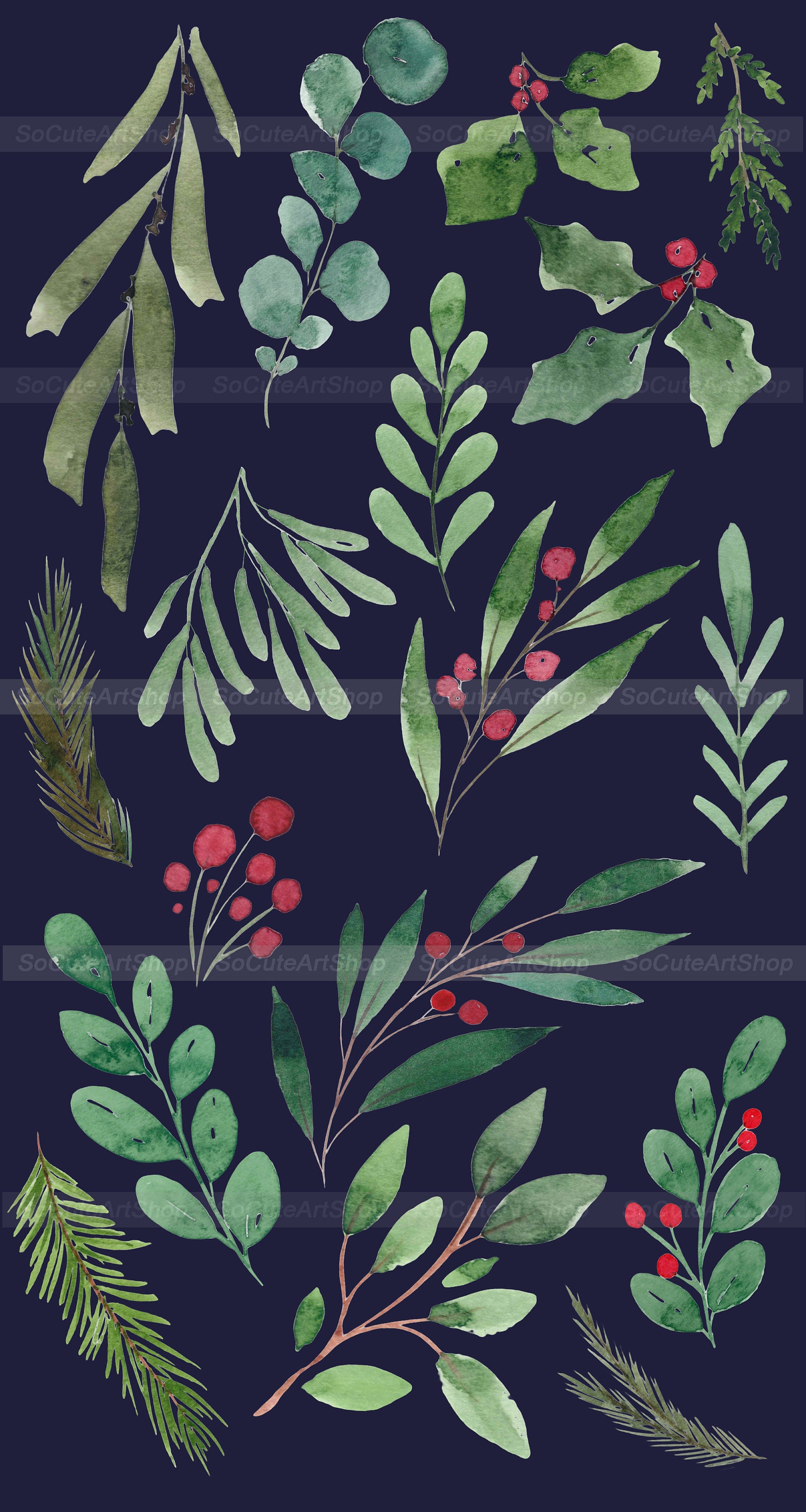 Christmas Watercolor Clipart . Winter Greenery Png. Christmas - Etsy Canada