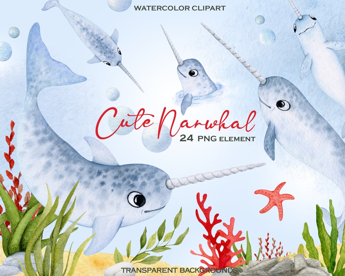 Watercolor Cute Narwhal Birthday Png Clipart, Ocean Animal Clipart ...