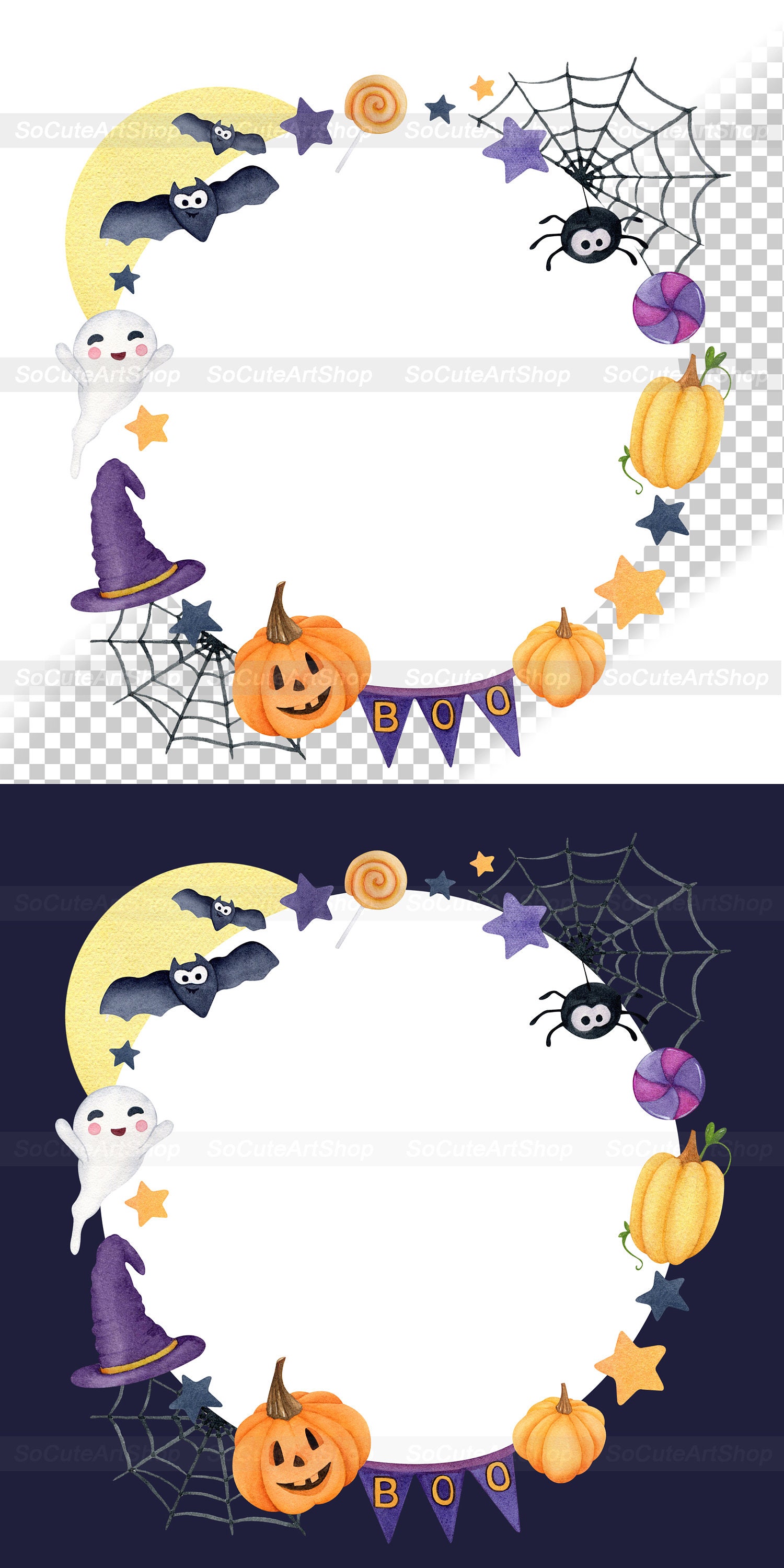 Halloween Frame Clipart Png. Watercolor Cute Halloween Border Set ...
