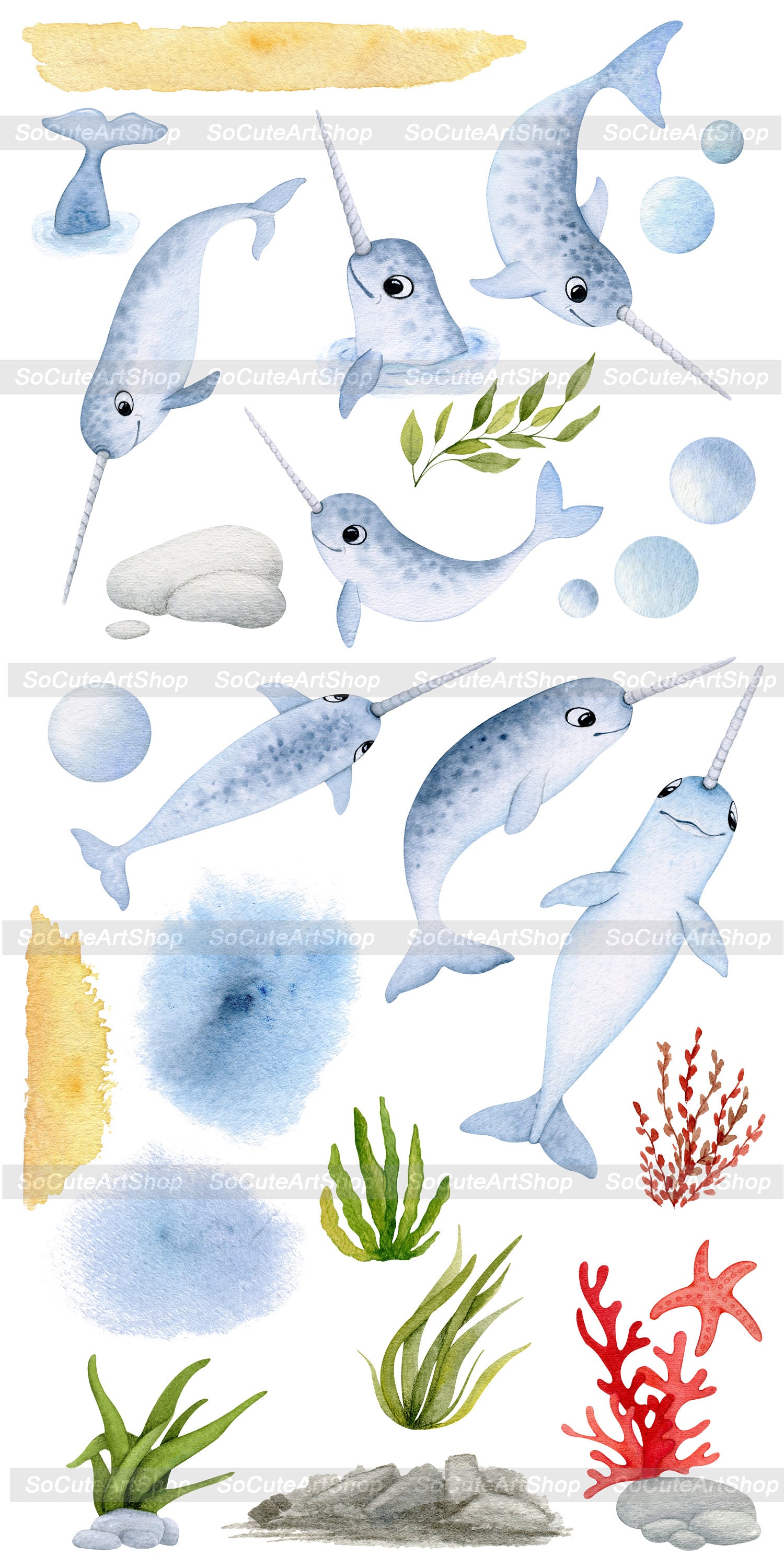 Watercolor Cute Narwhal Birthday Png Clipart, Ocean Animal Clipart ...