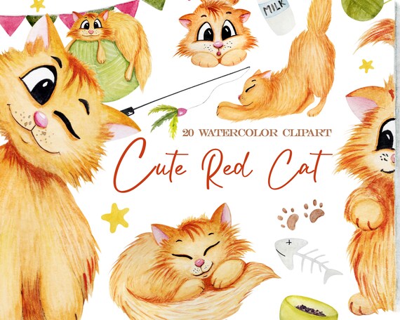 Watercolor Cute Orange Cat Clipart in Png for Stickers or - Etsy