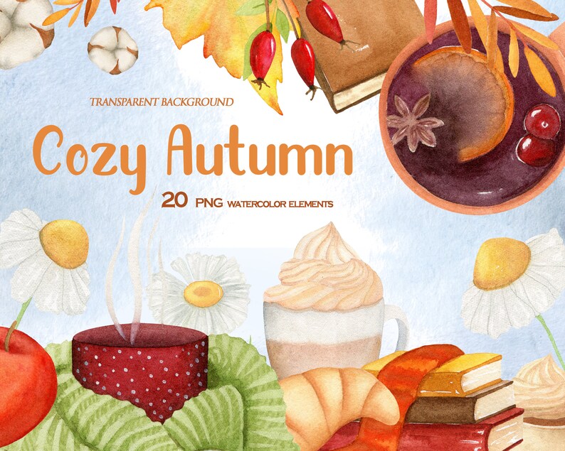 Cozy Autumn Clipart Watercolor Fall Png Digital Thanksgiving - Etsy