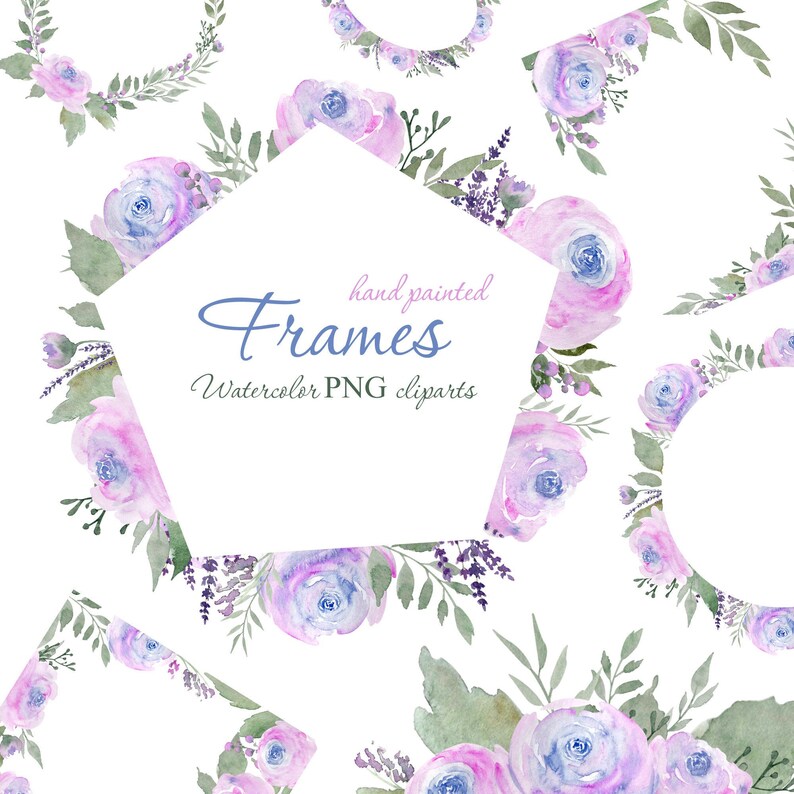 Purple Watercolor Frames Bouquet Clipart PNG Wedding - Etsy