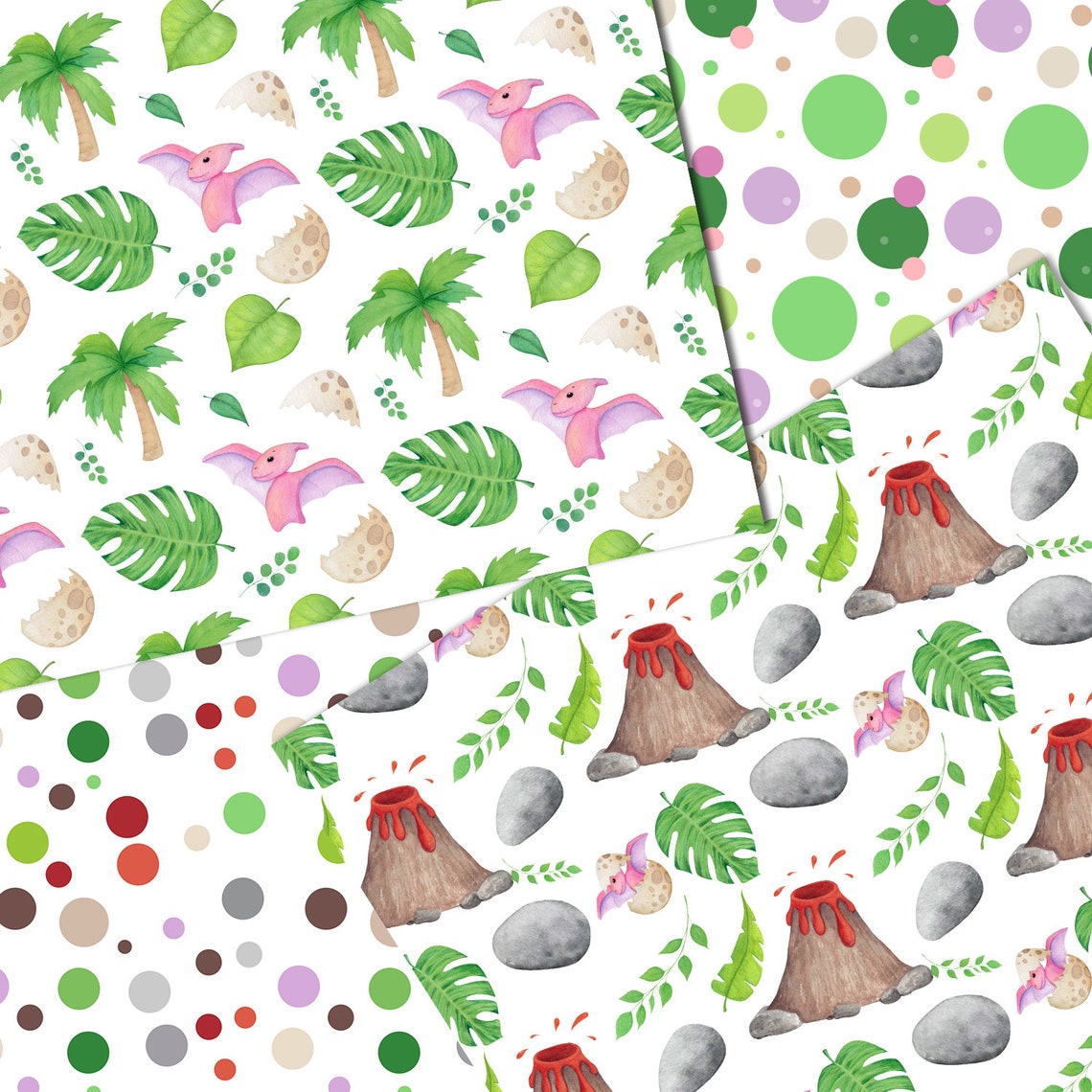 Watercolor Dinosaur Patterns Cute Dinosaur Digital Papers - Etsy