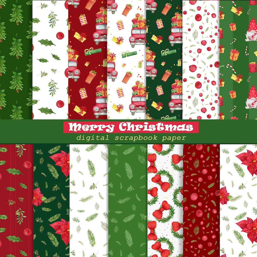 Watercolor Red and Green Christmas Patterns, Holiday Digital Paper Pack ...