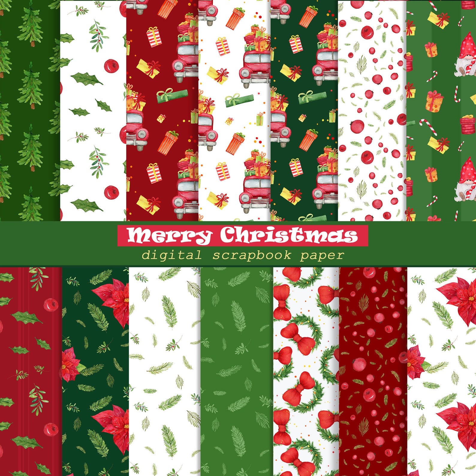 Watercolor Red and Green Christmas Patterns, Holiday Digital Paper Pack ...