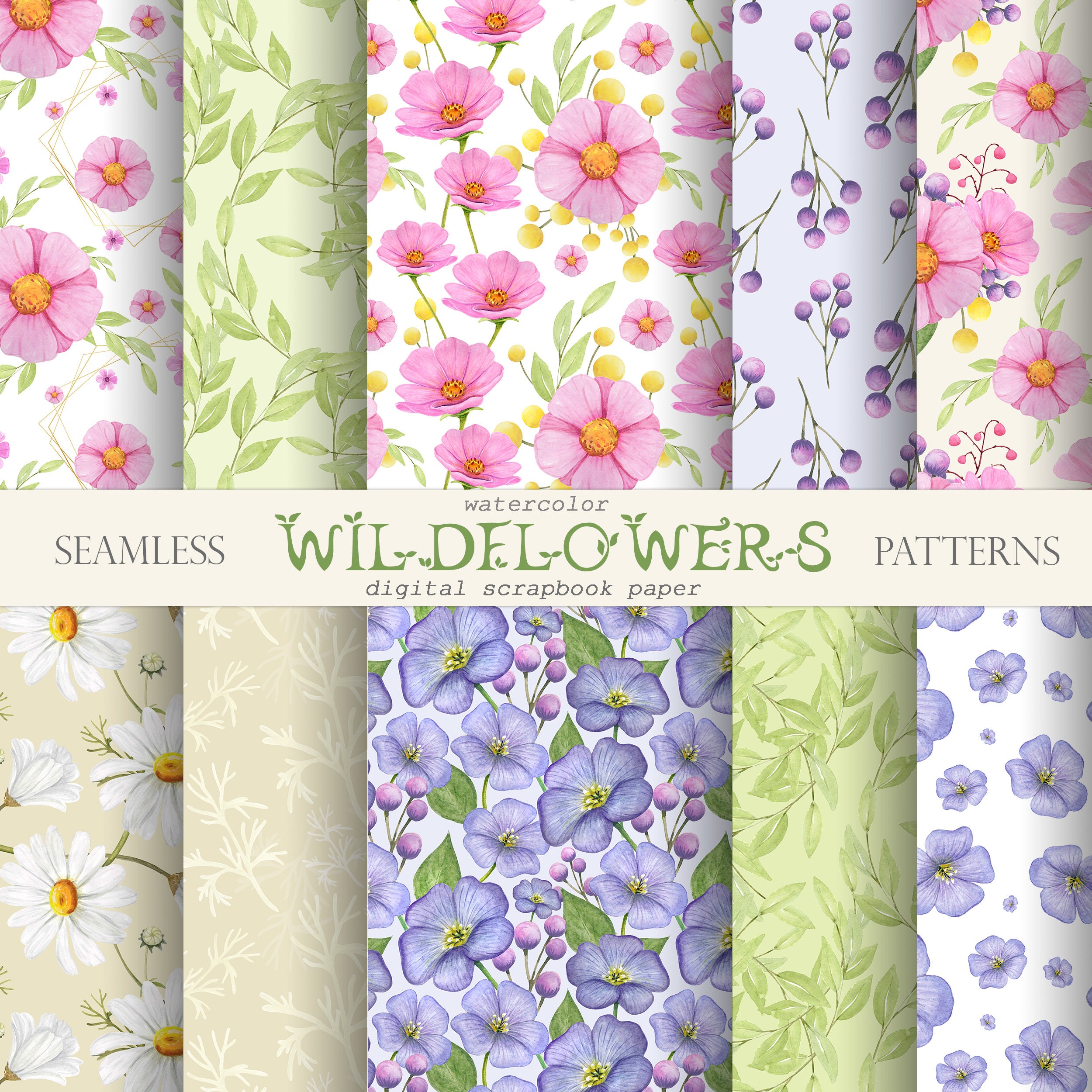 Watercolor Flowers Seamless Digital Patterns, Wildflowers Print ...