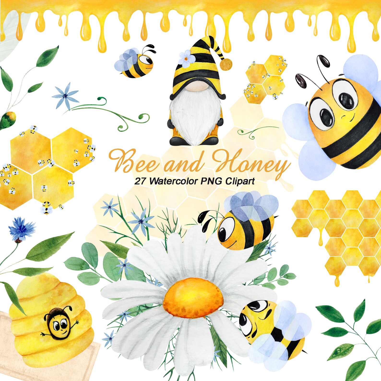 Watercolor Bee Clipart, Png Clip Art, Digital Summer Clipart, HAND ...