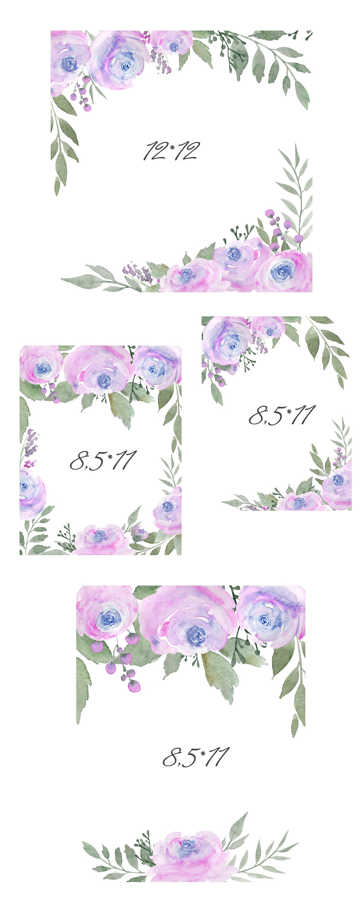 Purple Watercolor Frames Bouquet Clipart PNG Wedding Invitation Clip ...