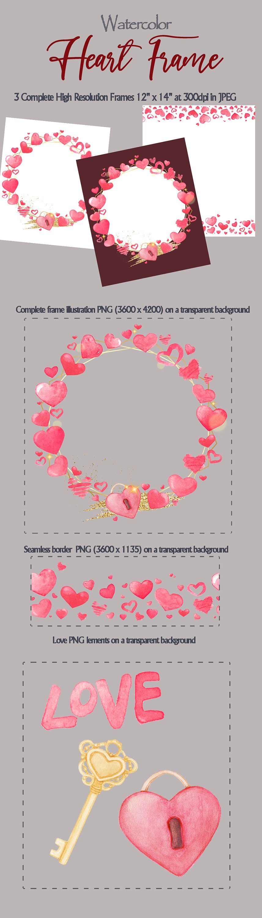 Watercolor Valentines Day Frame Png Clipart. Handdrawn Seamless Border ...