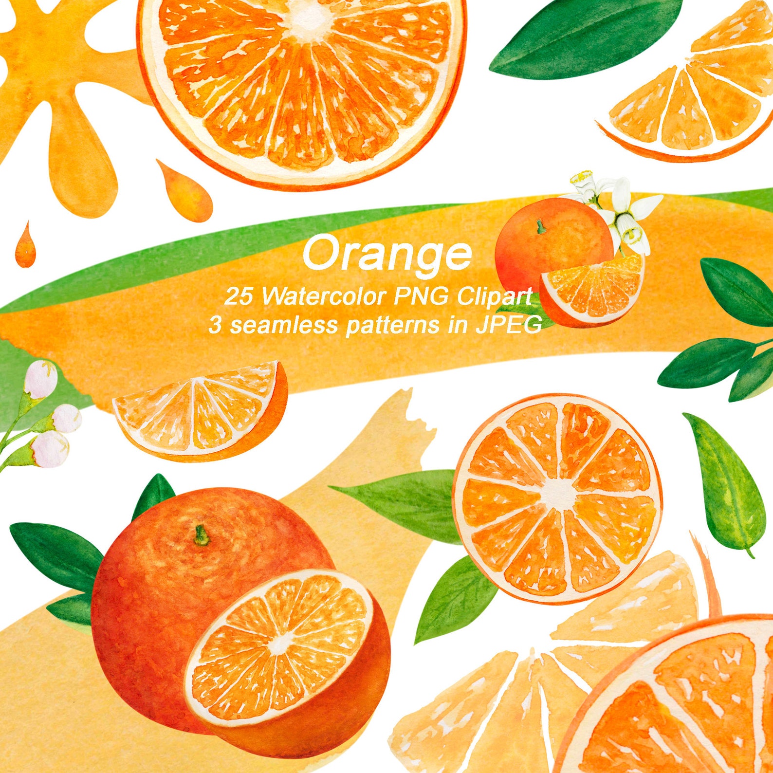 Watercolor Orange Clipart Set, Hand Painted Clip Art, PNG, Digital Clip ...