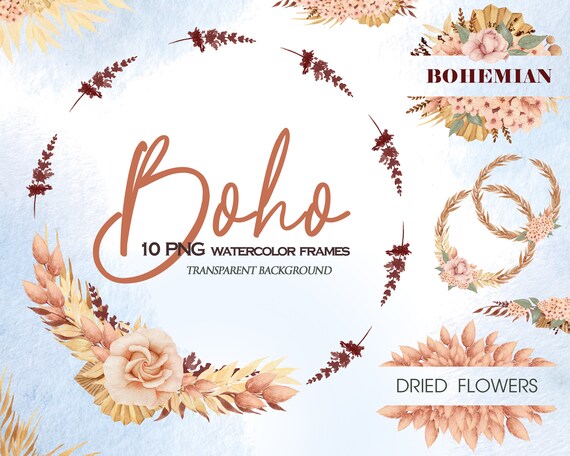 Watercolor Boho Frames Png Clipart Floral Frame Clipart - Etsy