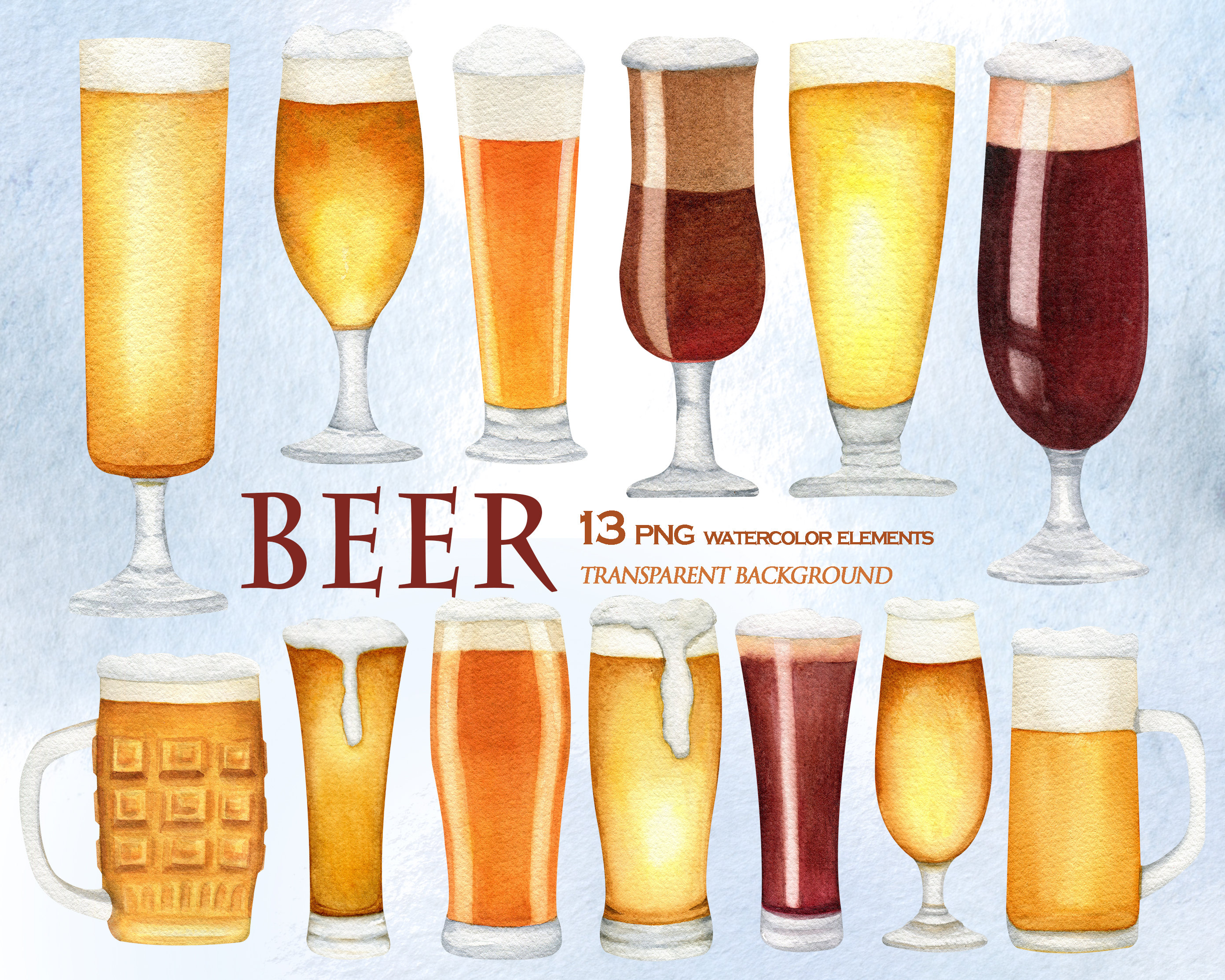 Watercolor Beer Clipart Set, Alcoholic Drinks PNG, Bar Menu Clip Art ...