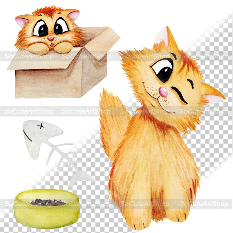 Watercolor Cute Orange Cat Clipart in Png for Stickers or Other ...
