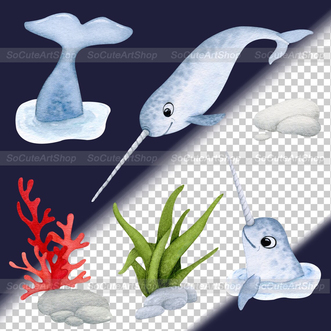 Watercolor Cute Narwhal Birthday Png Clipart Ocean Animal - Etsy
