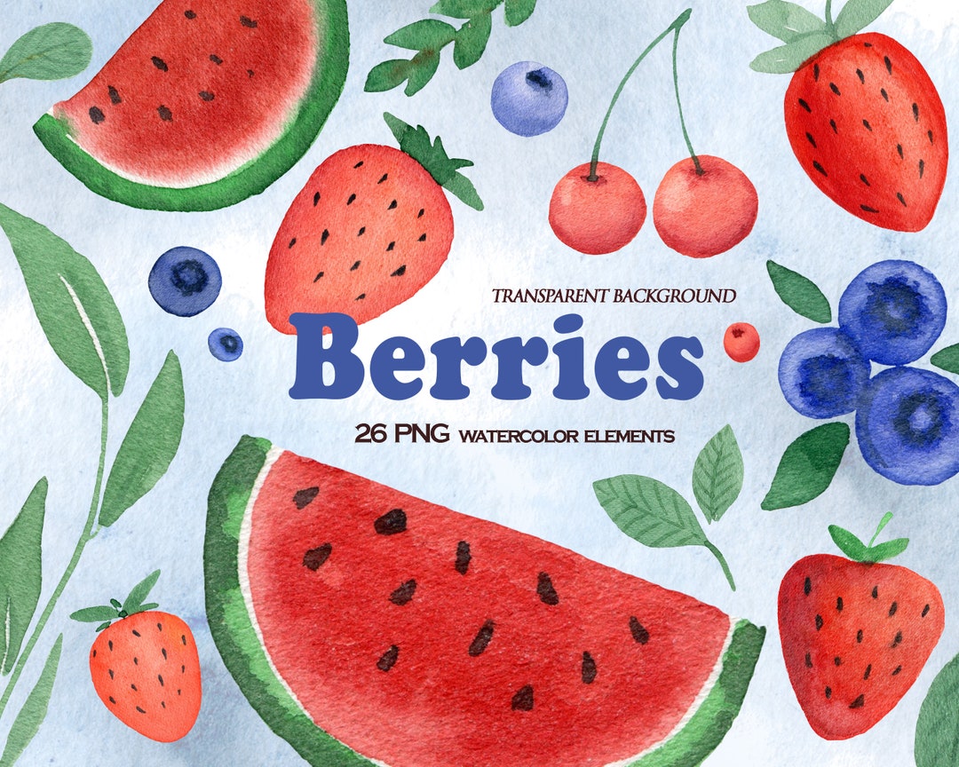 Watercolor Berries Clipart, Summer Clipart, Strawberries, Blueberry ...