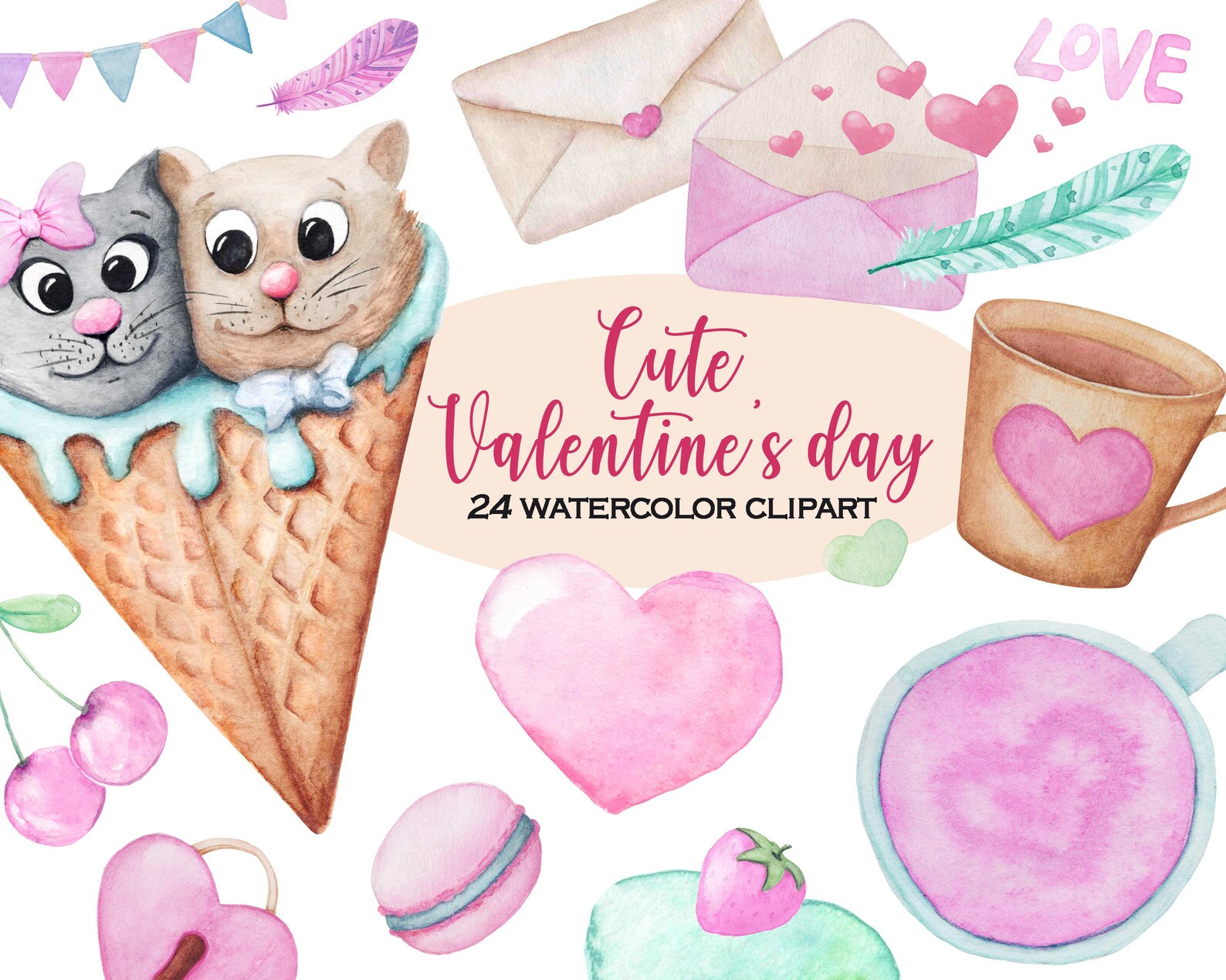 Cute Valentine's Day Clipart. Watercolor Love Clip Art. Wedding Hand ...