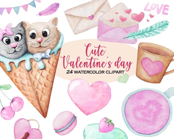 Cute Valentine's Day Clipart. Watercolor Love Clip Art. | Etsy