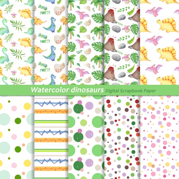 Watercolor Dinosaur Patterns Cute Dinosaur Digital Papers | Etsy