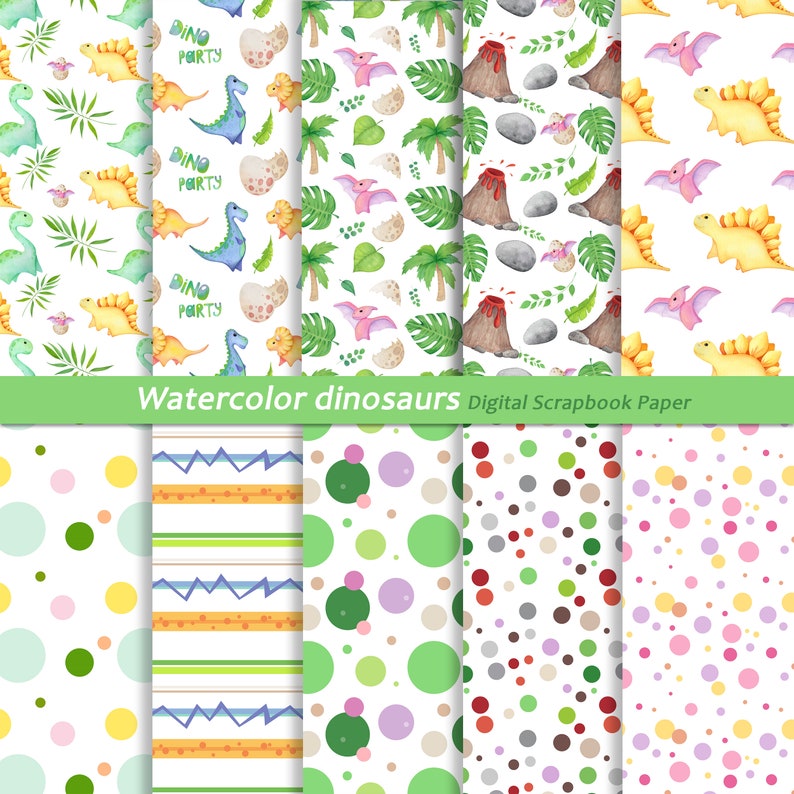 Watercolor Dinosaur Patterns Cute Dinosaur Digital Papers - Etsy