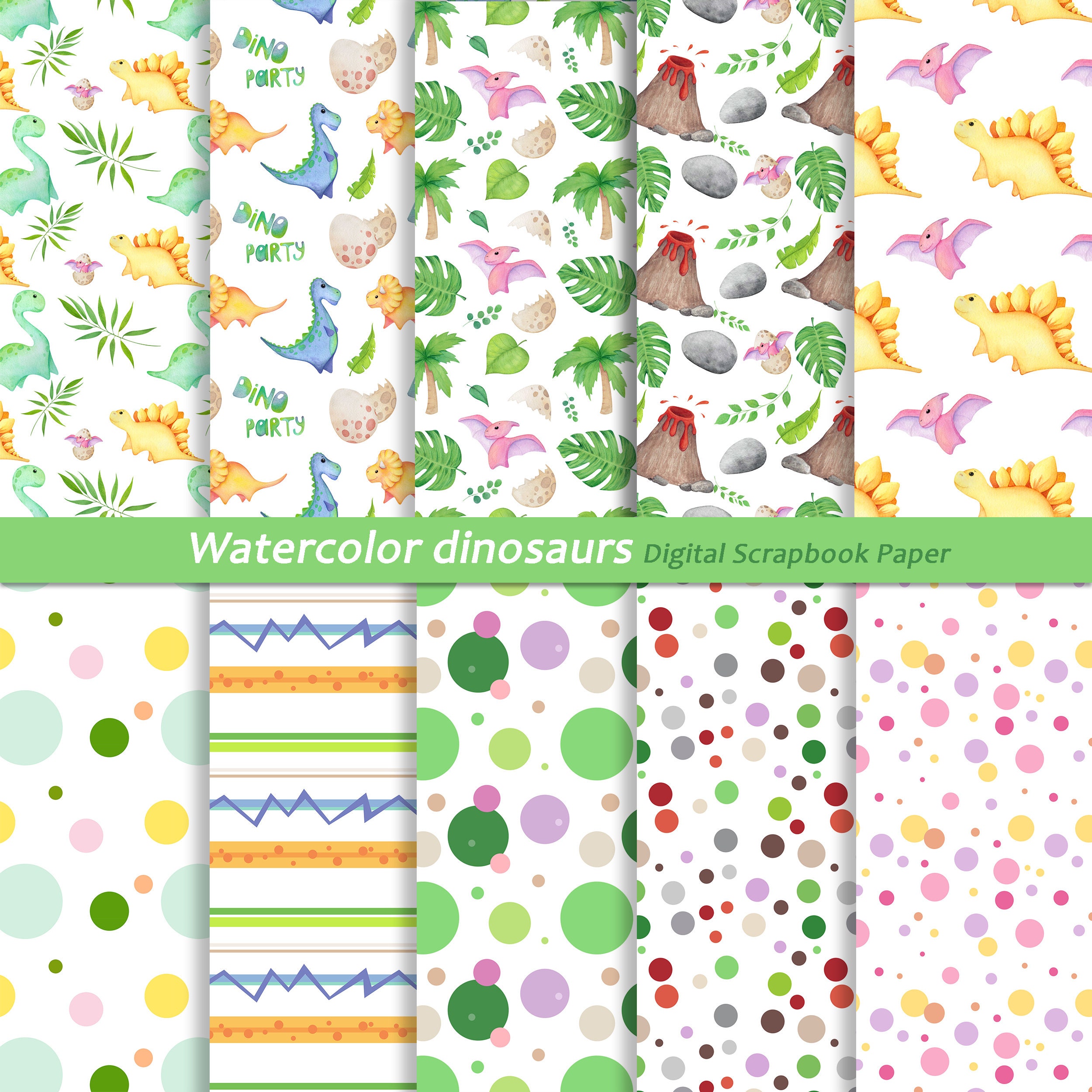Watercolor Dinosaur Patterns, Cute Dinosaur Digital Papers Pack ...