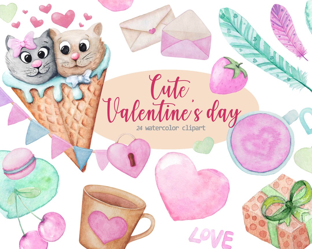Cute Valentine's Day Clipart. Watercolor Love Clip Art. Wedding Hand ...