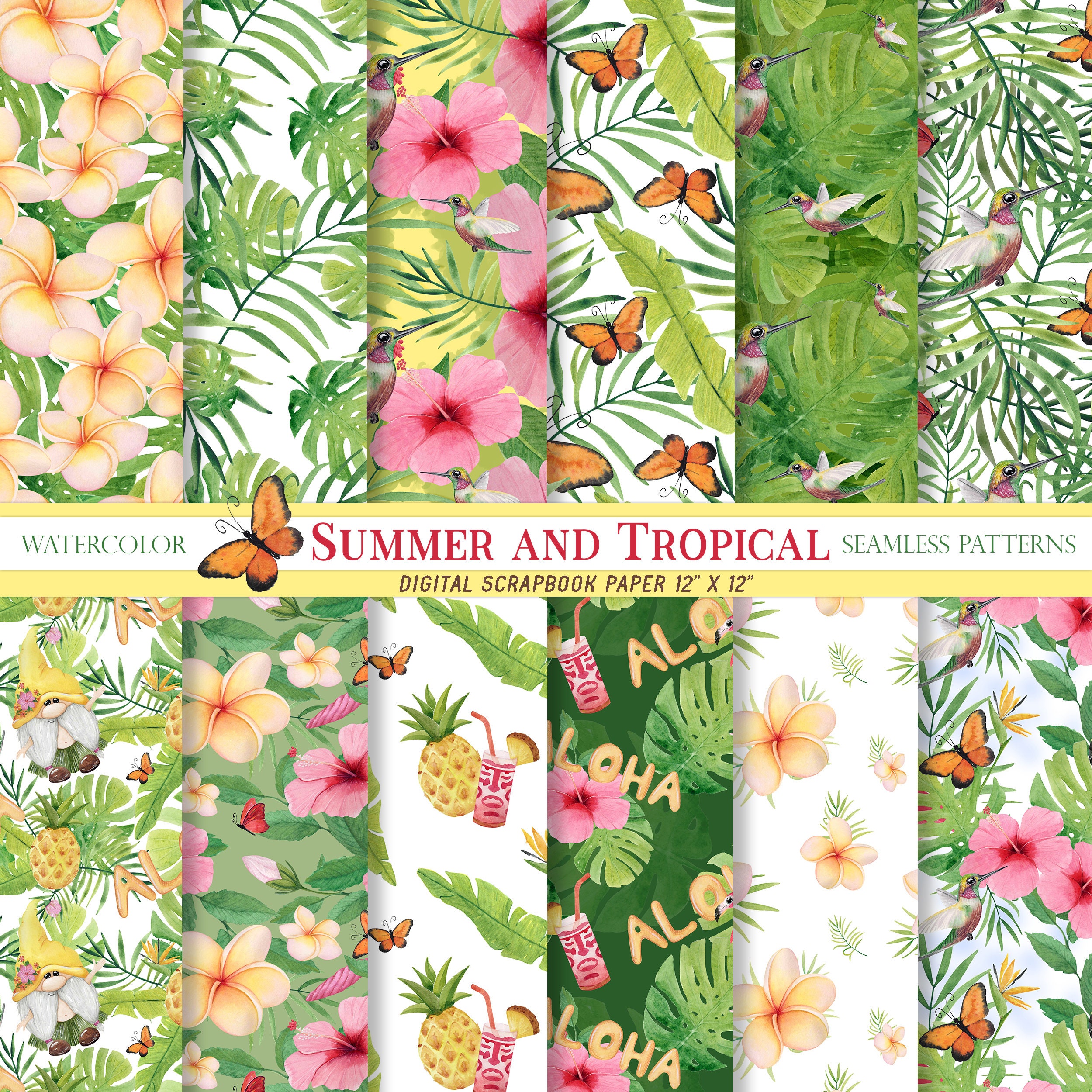 Watercolor Tropical Summer Seamless Patterns, Hawaii Digital Paper Pack ...