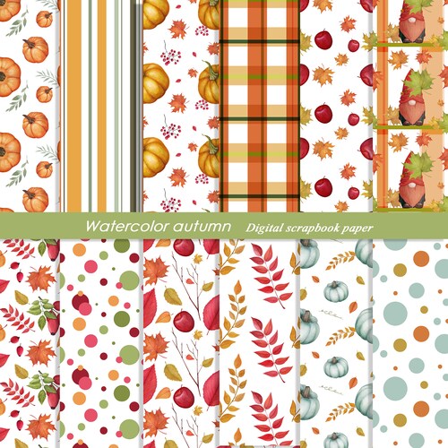 Watercolor Pumpkin Fall Patterns Autumn Digital Paper Pack - Etsy