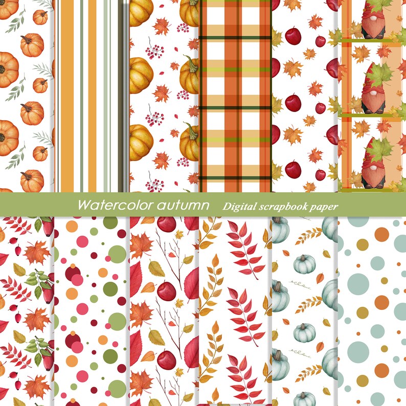 Watercolor Pumpkin Fall Patterns Autumn Digital Paper Pack - Etsy