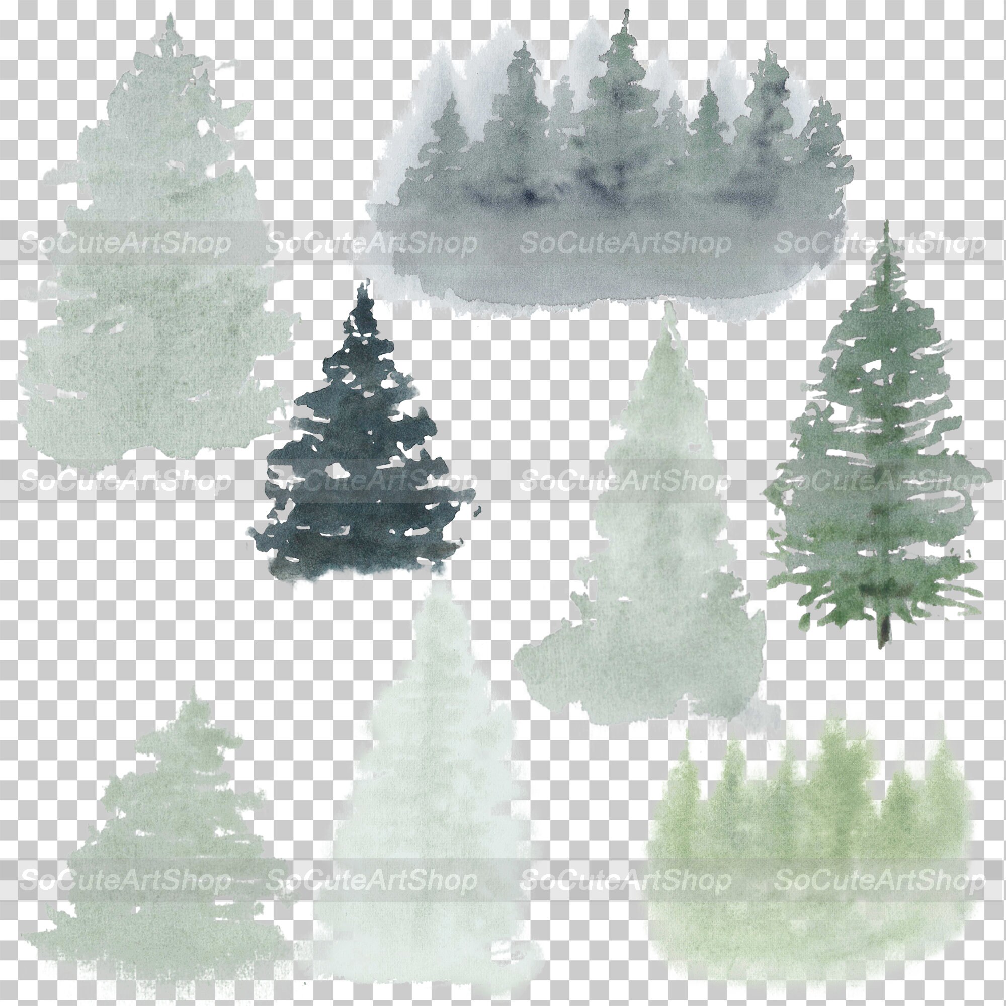 Watercolor Rustic Woodland Trees and Forest Pine Trees Png Clipart for ...