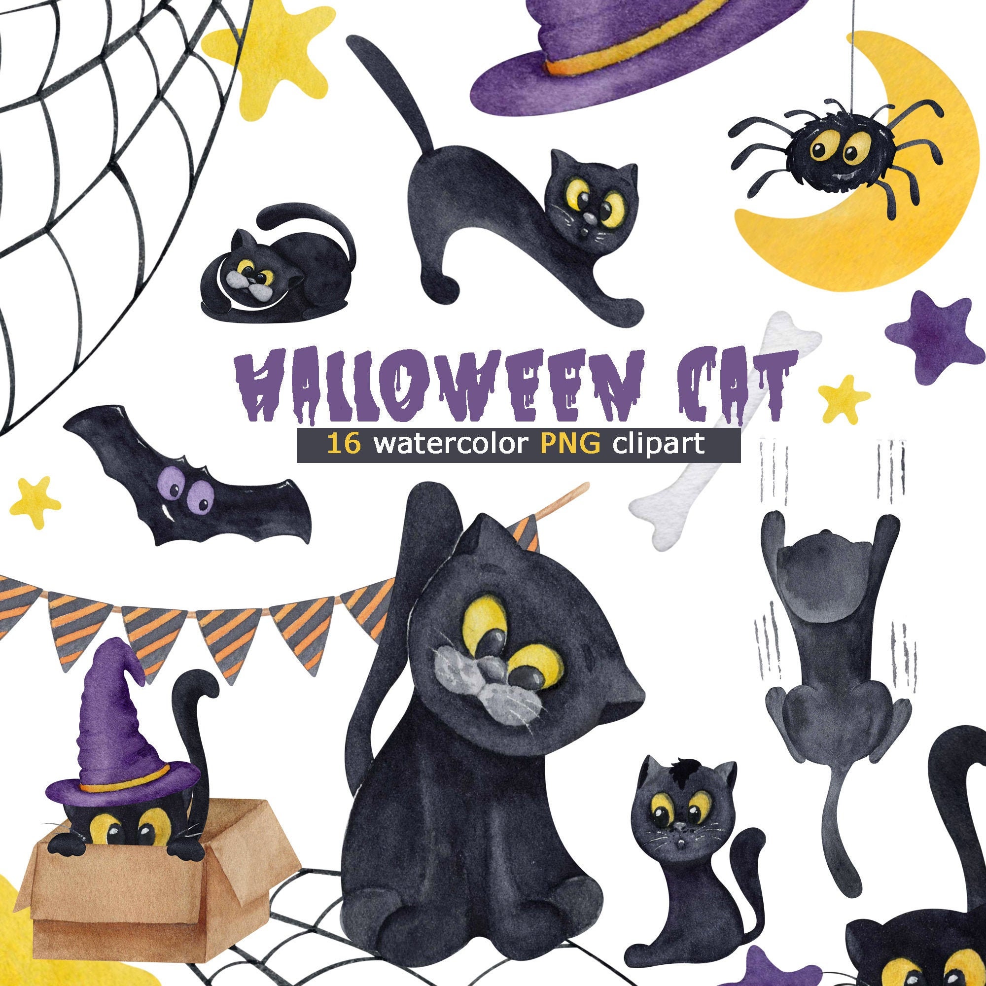 Watercolor Halloween Cat Clipart Set Cute Halloween Black Cats Hand ...