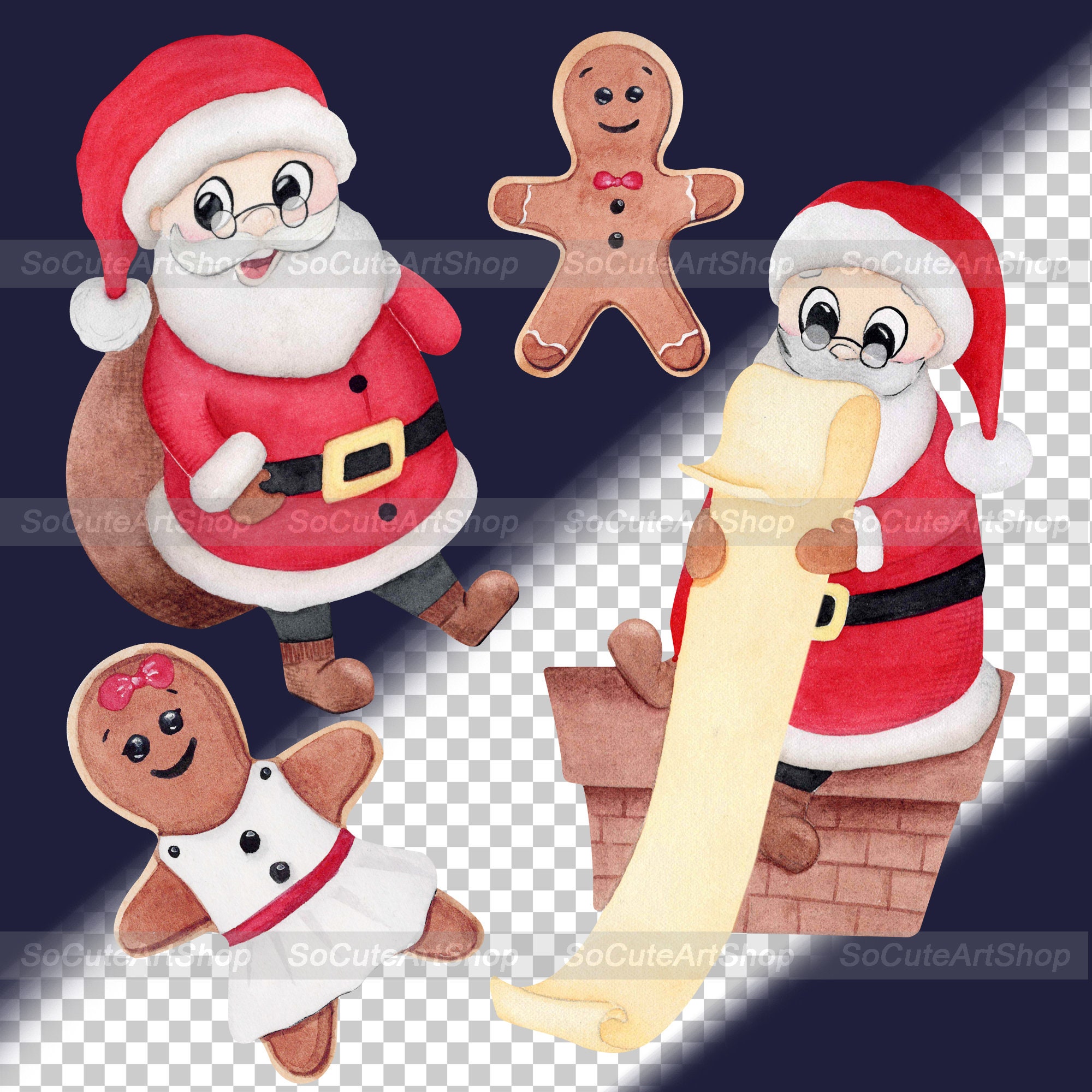 Christmas Watercolor Clipart With Cute Santa Png .christmas | Etsy