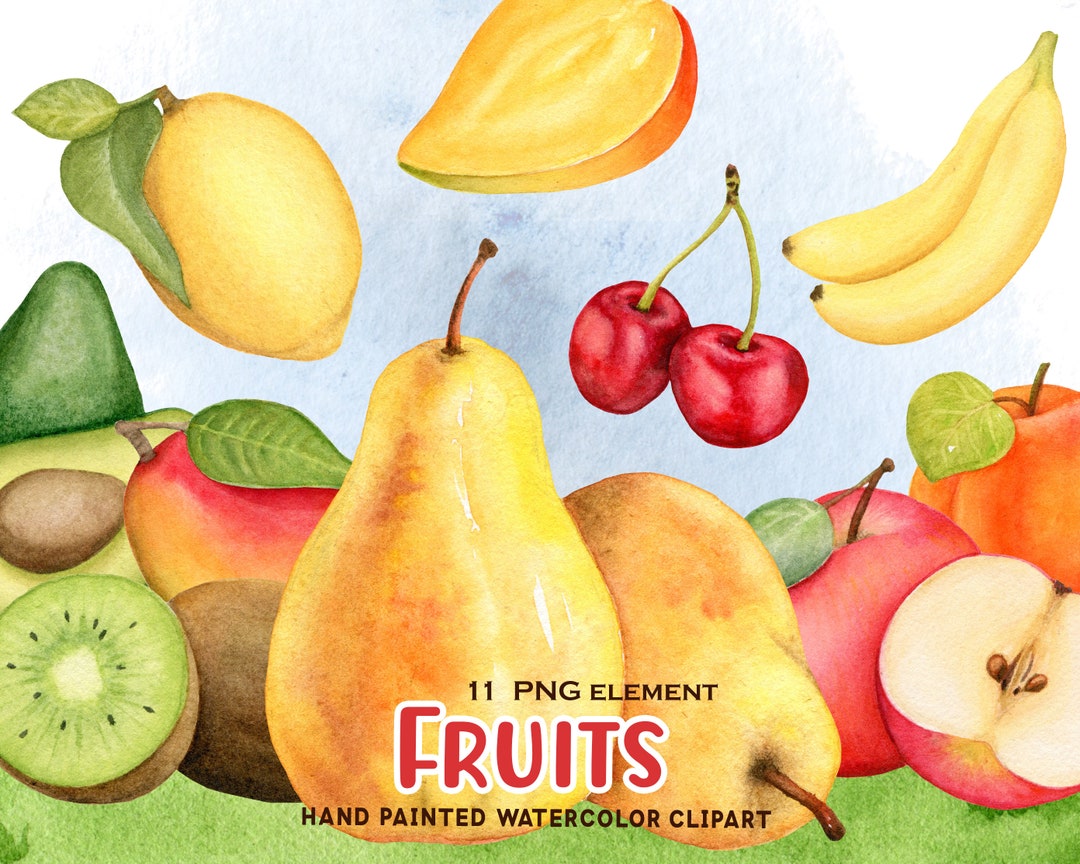 Watercolor Fruits Clipart: Pear, Apple, Mango, Kiwi, Avocado, Lemon ...