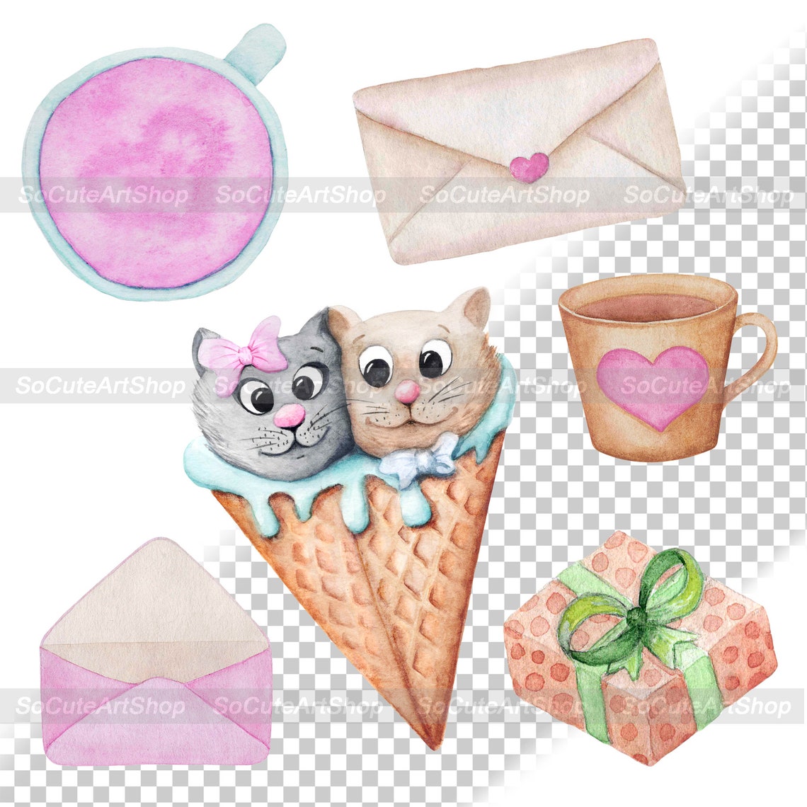 Cute Valentine's Day Clipart. Watercolor Love Clip Art. | Etsy