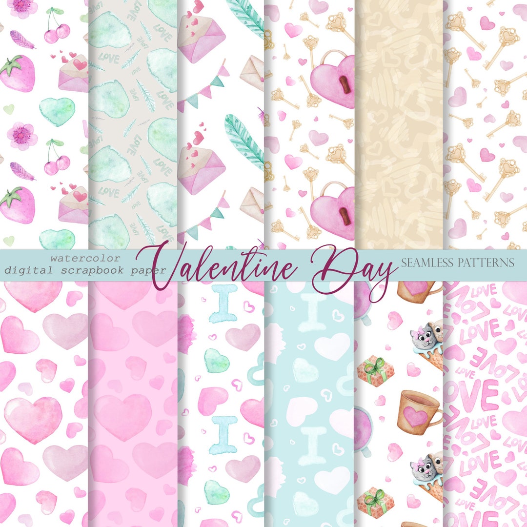Valentines Digital Paper. Pink and Mint LOVE Digital Scrapbook Paper ...