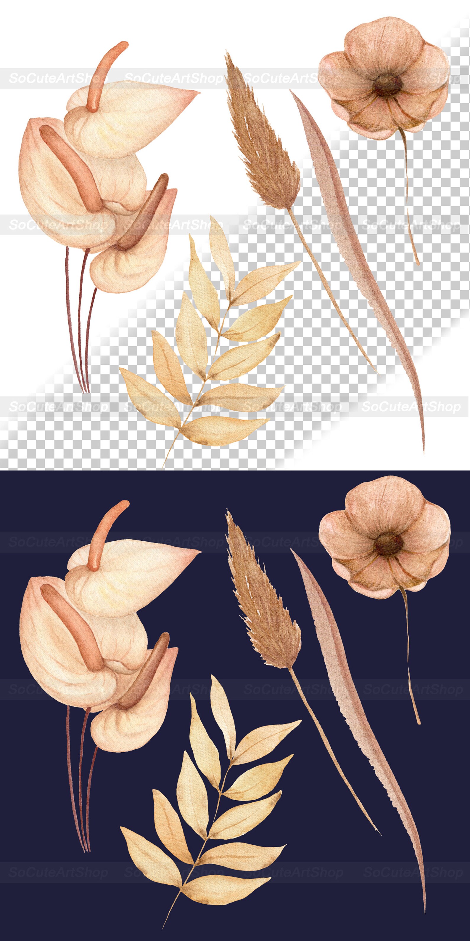 Watercolor Boho Dried Flowers Clipart for Wedding Invitation. - Etsy