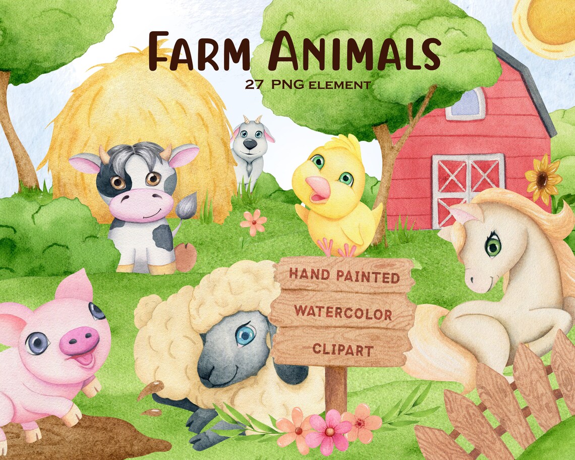 Cute Farm Animals Clipart Watercolor Farm Png for - Etsy