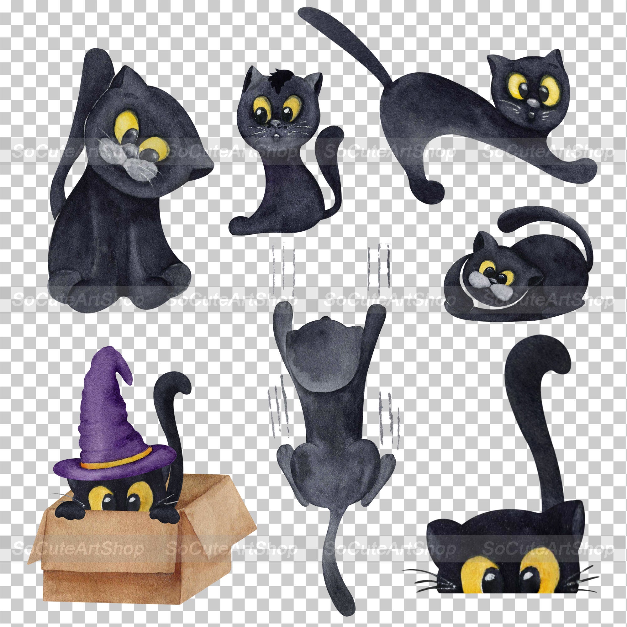 Watercolor Halloween Cat Clipart Set Cute Halloween Black Cats Hand ...