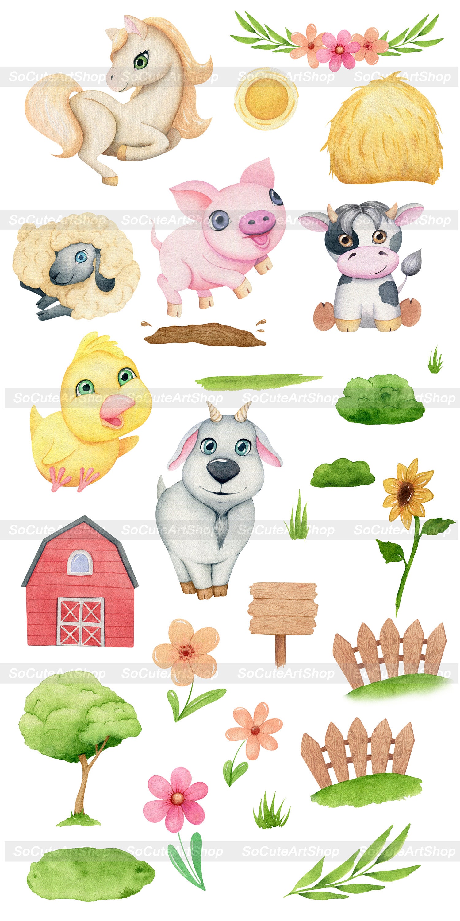 Cute Farm Animals Clipart, Watercolor Farm Png for Sublimation,stickers ...