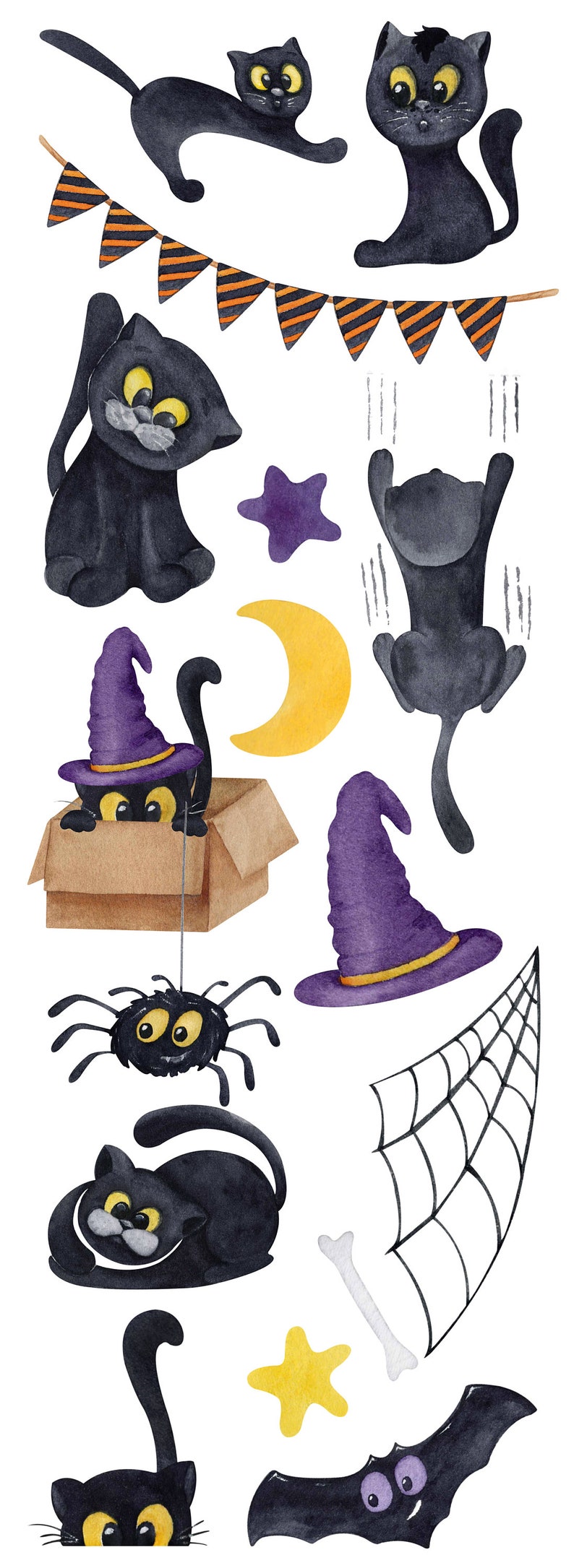 Watercolor Halloween Cat Clipart Set Cute Halloween Black Cats Hand
